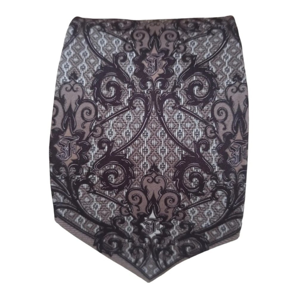 Gianfranco Ferre Brown Baroque Logo Silk Tie Italy 58… - Gem